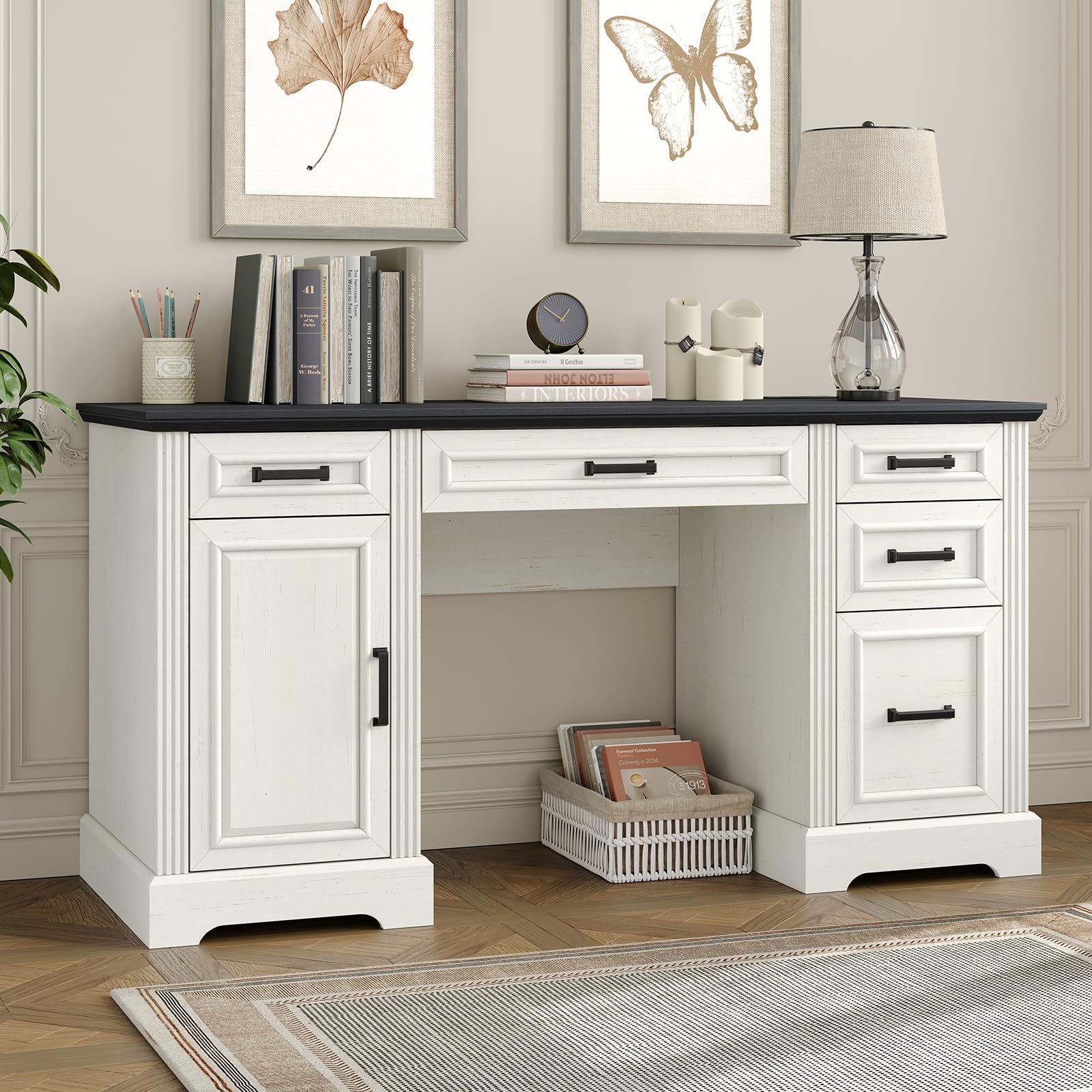 Furnihold 58" Executive Desk, Farmhouse Computer Desk with Drawers and Cabinet with Charging Station, Wooden Home Office Desk, Workspace for Work Study Writing, Black Tabletop, Off White
