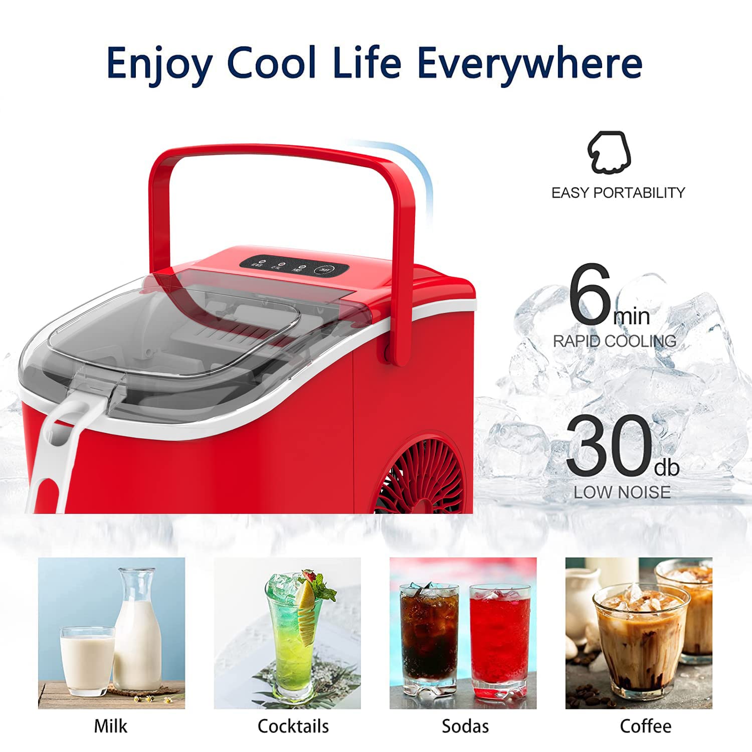 Joy Pebble Ice Maker Countertop with Handle, Self-Cleaning Portable Ice Machine with Basket and Scoop, 9 Cubes in 6 Mins, 26Lbs/24H Handheld Ice Maker for Home/Kitchen/Office/Party (Red)