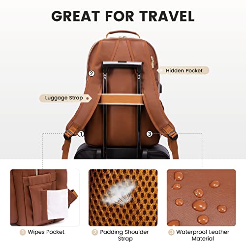 LOVEVOOK Laptop Backpack for Women, Faux PU Leather Quilted Backpack Purse, Business Computer Travel Work Bags, Nurse Backpack for Work, Fits 15.6-Inch Laptop, Brown