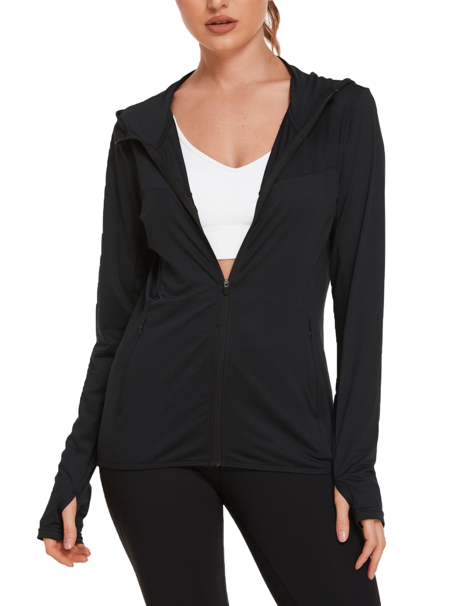 COOrun Women's UPF 50+ Sun Protection Hoodie Jacket Lightweight Full Zip Running Jacket Athletic Jacket with Thumb Holes Black XXL