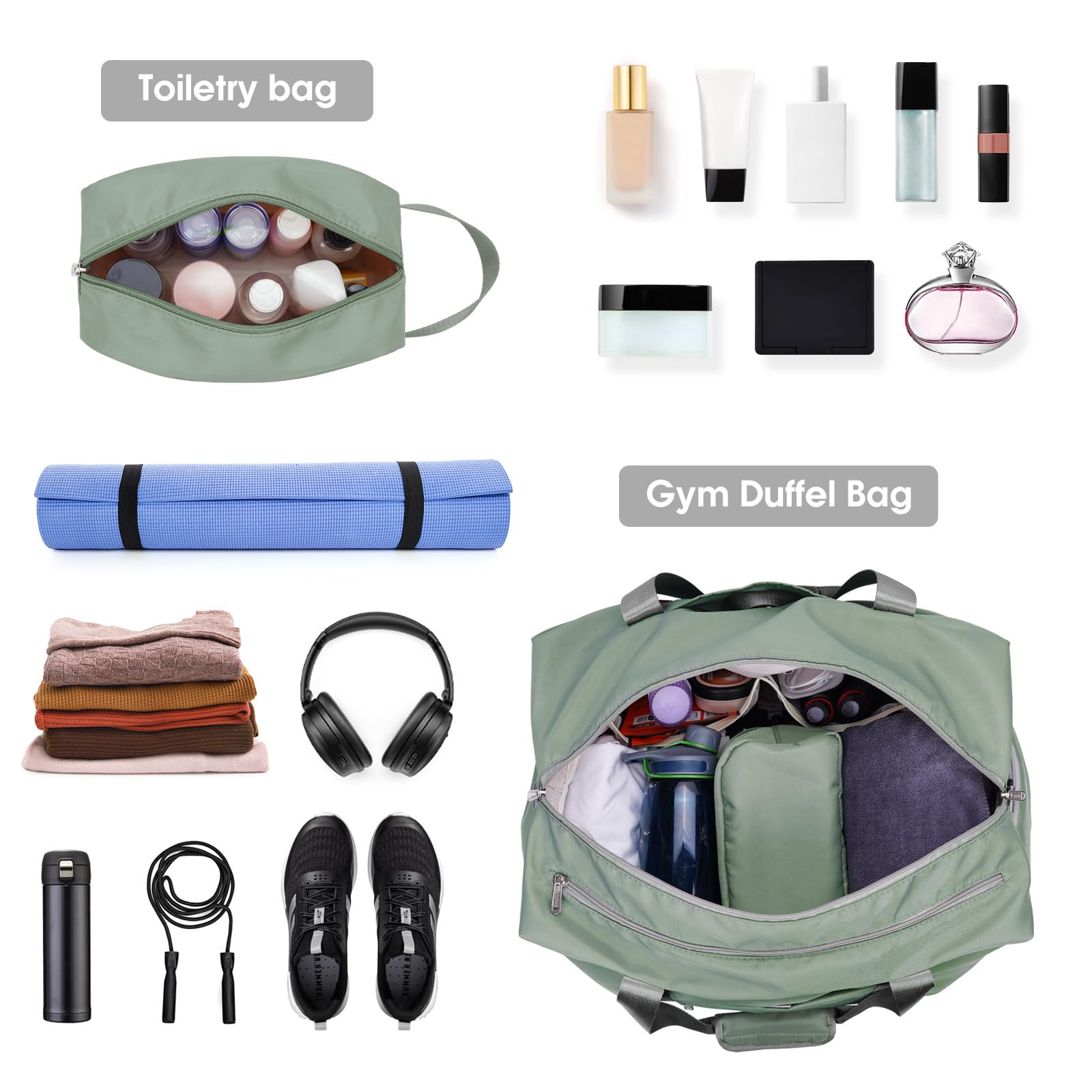 Ceneda 20" Gym Duffel Bag with Wet Pocket Shoes Compartment Portable Overnight Weekender Bag Travel bag Yoga Bag for Women (Celadon)