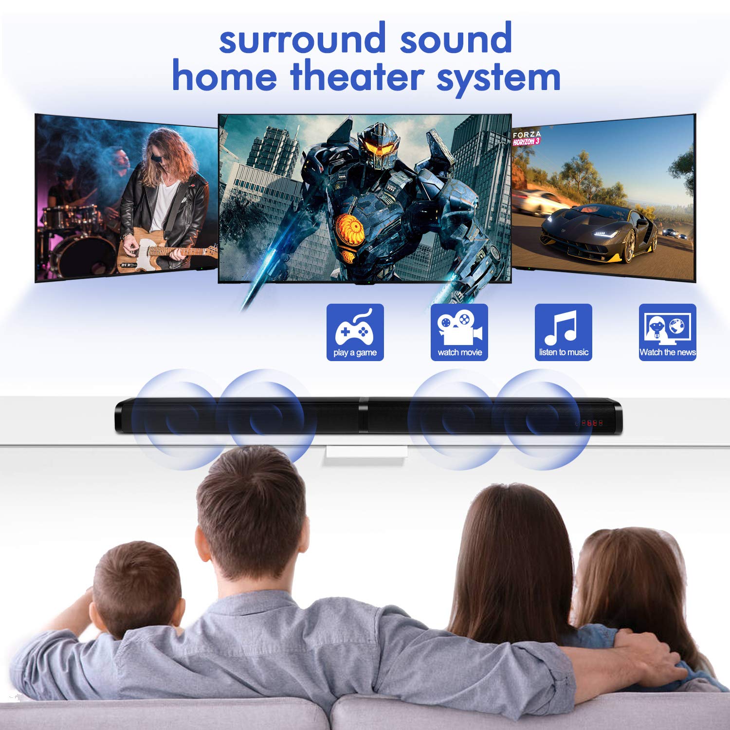 Sunyuey tv Sound bar, 37inch Audio tv Speaker with Surround Sound Home Theater System 4 Driver Speakers,Remote Control,Wall Mounted,Optical/Aux/RCA/USB/Micro SD Connection