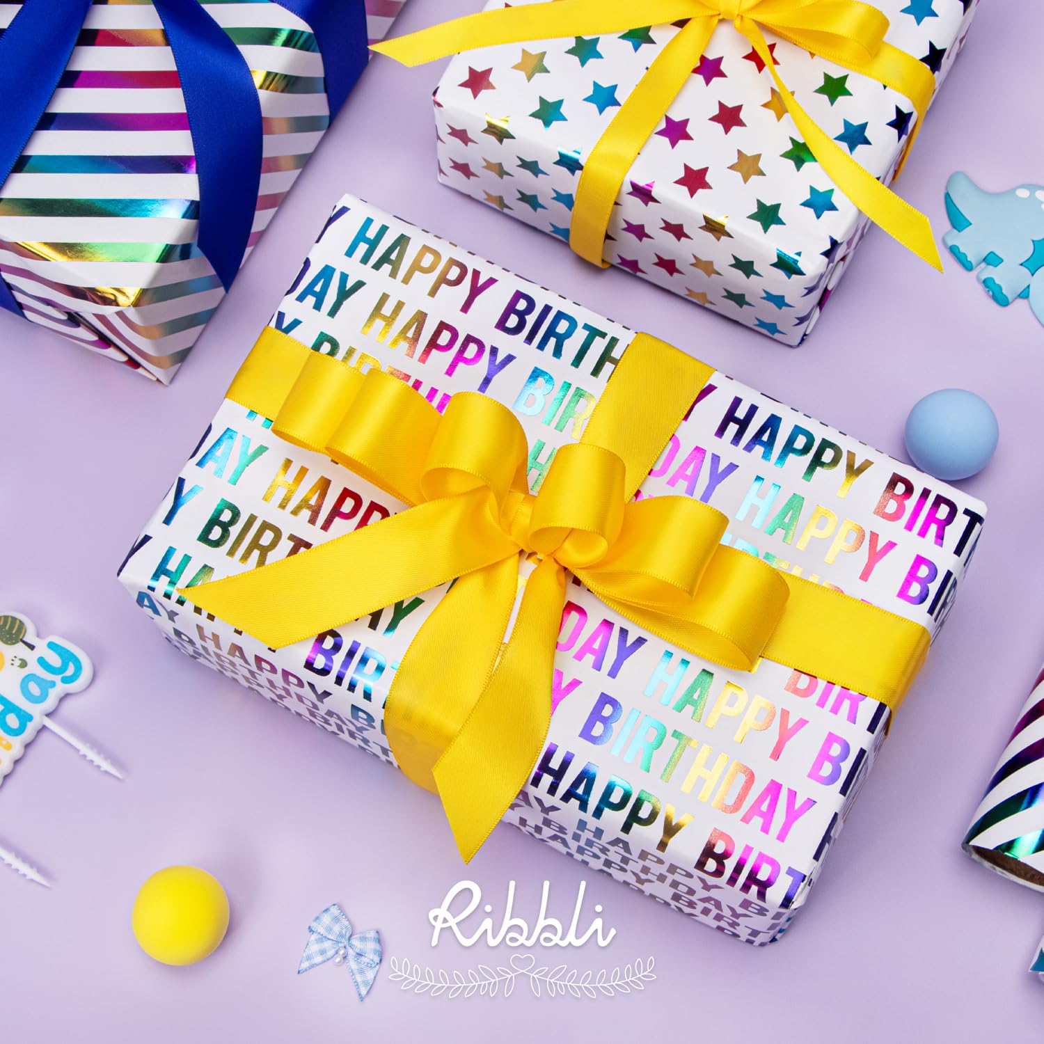 Ribbli Birthday Wrapping Paper Iridescent Gift Wrap Mini Roll, 3 Rolls Happy Birthday Stars Stripes Printed for Boys Kids - 17 inch x 120 inch(10feet) Per Roll
