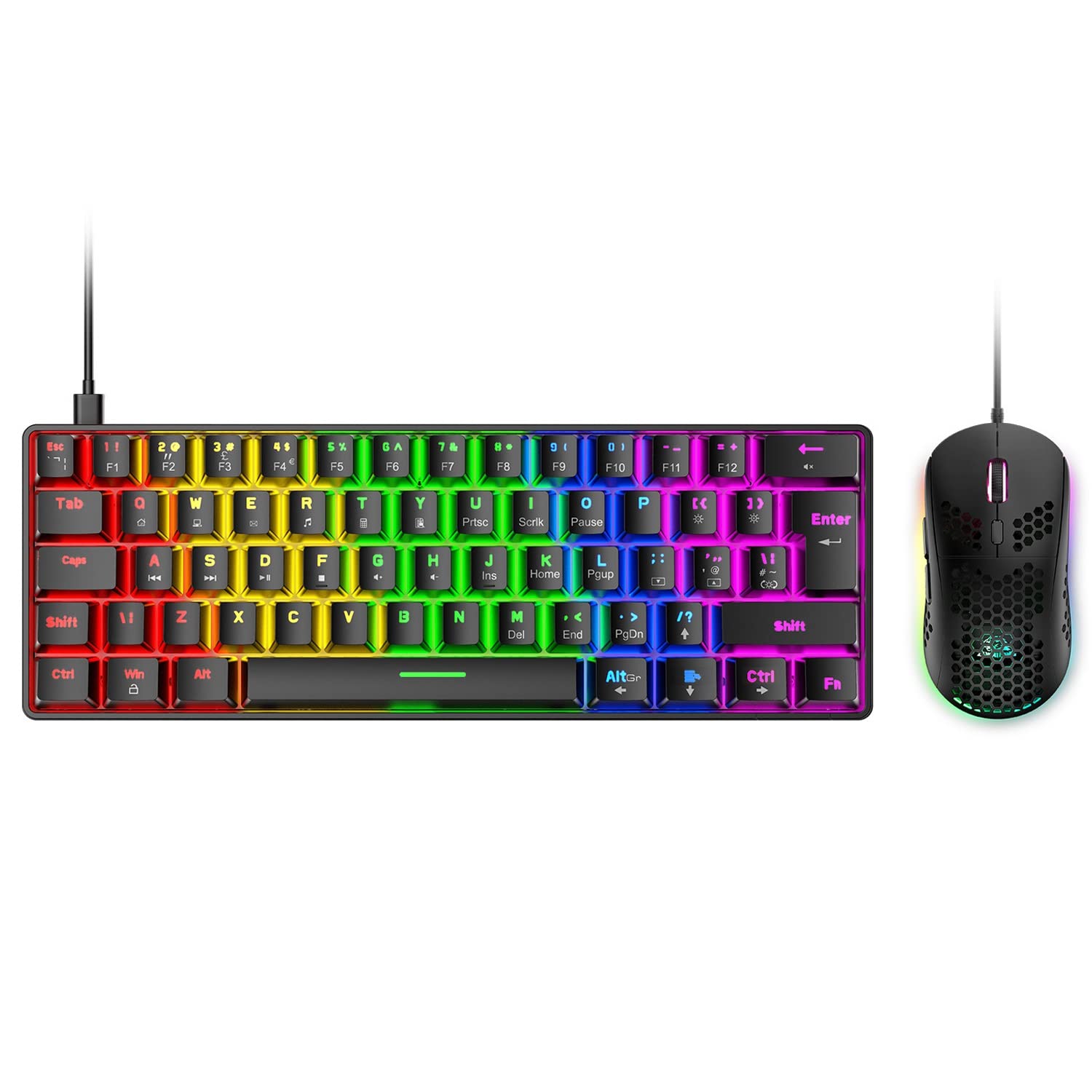 EXHNLE Gaming Keyboard and Mouse Combo Mini Portable with RGB Backlit Ergonomic 62Key Layout Mechanical Feel Honeycomb Mice for Gamer Laptop (Color : Black)