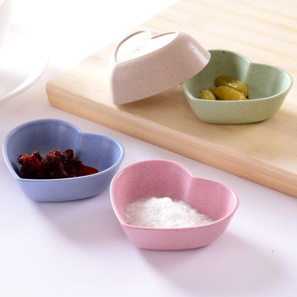 DOITOOL 4pcs Cute Heart Shaped Seasoning Dish Wheat Straw Love Sauce Dish Condiment Dishes Sushi Soy Dipping Bowl Snack Serving Dish for Wedding Valentines Day Party Decoration Pink