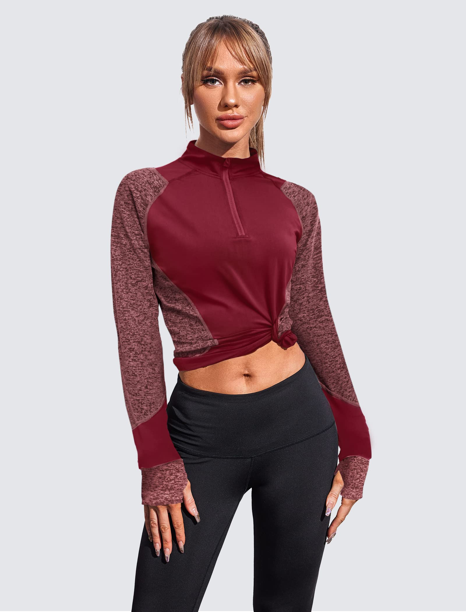 COOrun Women's Shirts Long Sleeve 1/4 Zip Pullover Athletic Hiking Running Workout Tops Quick Dry Shirt with Thumbhole Wine Red XX-Large
