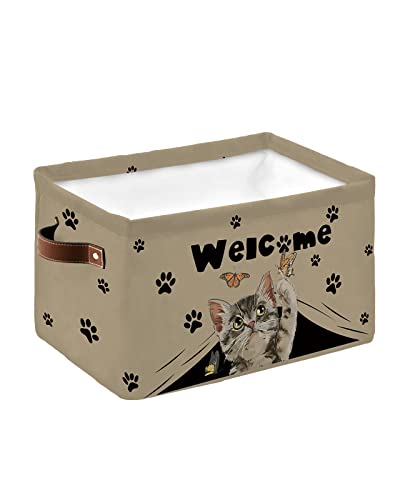Large Capacity Storage Bins Welcome Butterfly Cute Cat and Paw Vintage Background Storage Cubes, Collapsible Storage Baskets for Organizing for Bedroom Living Room Shelves Home 15x11x9.5 In