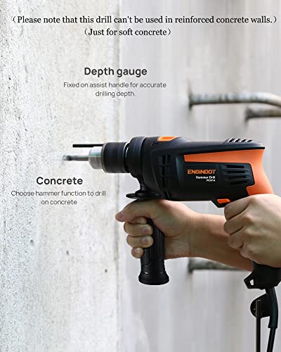 ENGiNDOT Hammer Drill, 1/2-Inch 6-AMP Corded Electric Hammer Drill with 2800RPM, Variable Speed, Drill Chuck, 10 Drill Bits for Home Improvement, Concrete, Steel, Wood (NOT for Reinforced Concrete)