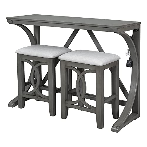 Farmhouse 3-Piece Kitchen Dining Table Set for Small Place, Counter Height Dining Table Set with USB Port and Upholstered Stools for Apartment (Grey)