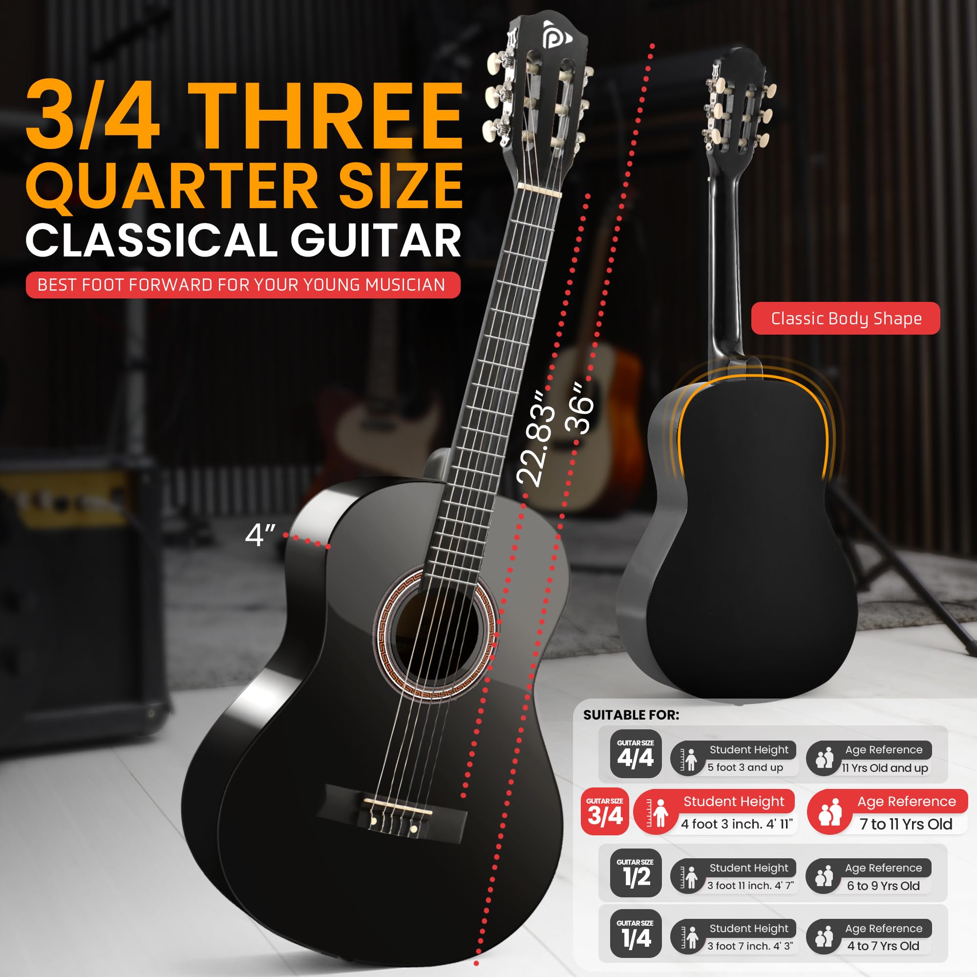 Pyle Beginner Acoustic Guitar Kit, 3/4 Junior Size All Wood Build Nylon Instrument with Capo, Gig Bag, Strap, Extra String Set, for Students Adults and Youth, 36" Black Gloss