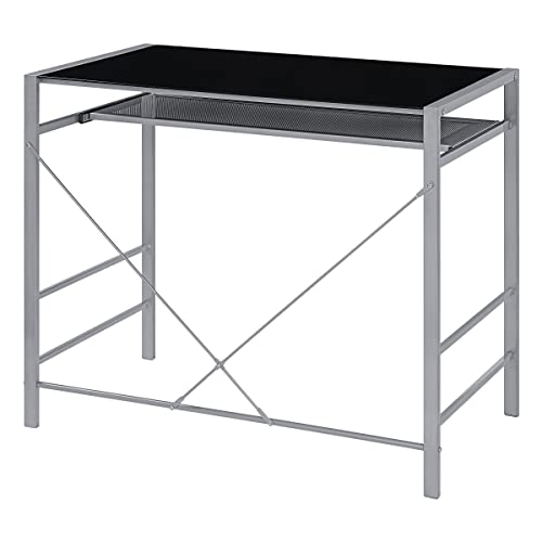 OSP Home Furnishings Zephyr Computer Desk with Keyboard Shelf and Tempered Glass Top, Black Glass and Silver Frame