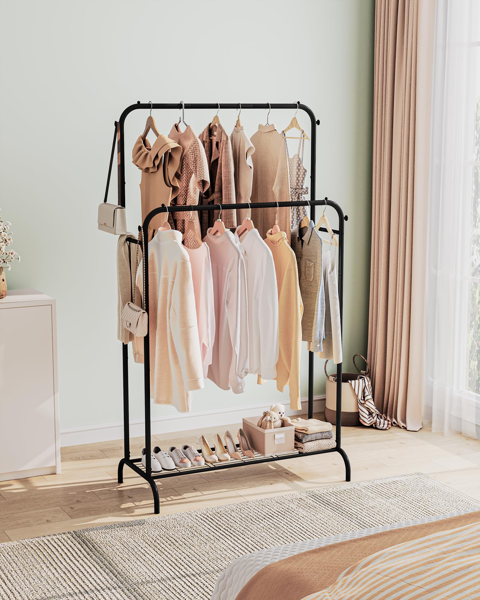 Hzuaneri Clothes Rack, Double Rods Garment Rack with Storage Shelf, Clothing Rack for Hanging Clothes, Metal Frame Clothes Organizer for Bedroom, Living Room, Black GR34099B