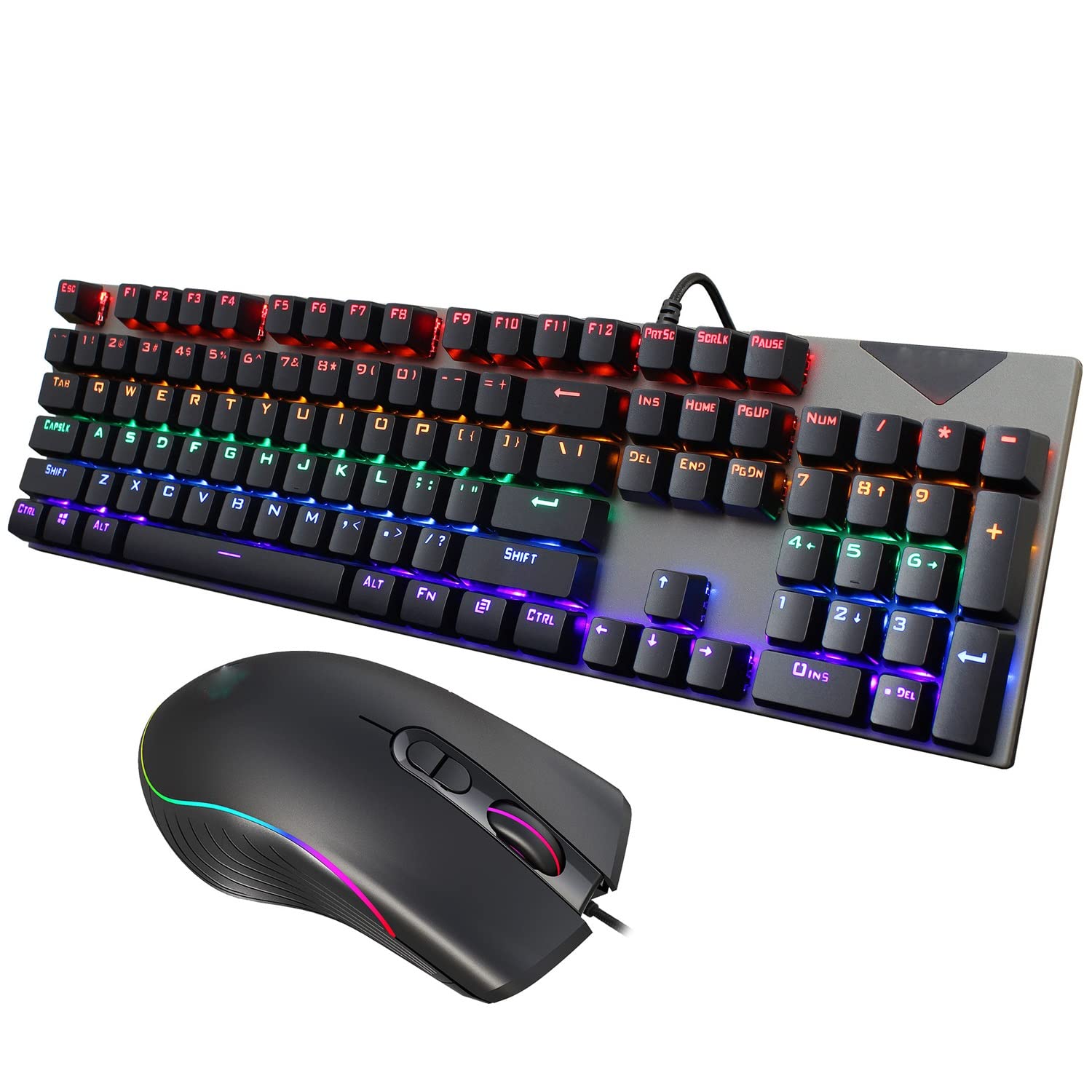 EXHNLE Mechanical Keyboard and Mouse, Wired Gaming Keyboard Blue Switch 104 Keys Rainbow Backlit Keyboard and 7 Button Wired Mouse 6400 DPI for PC Computer Gamer