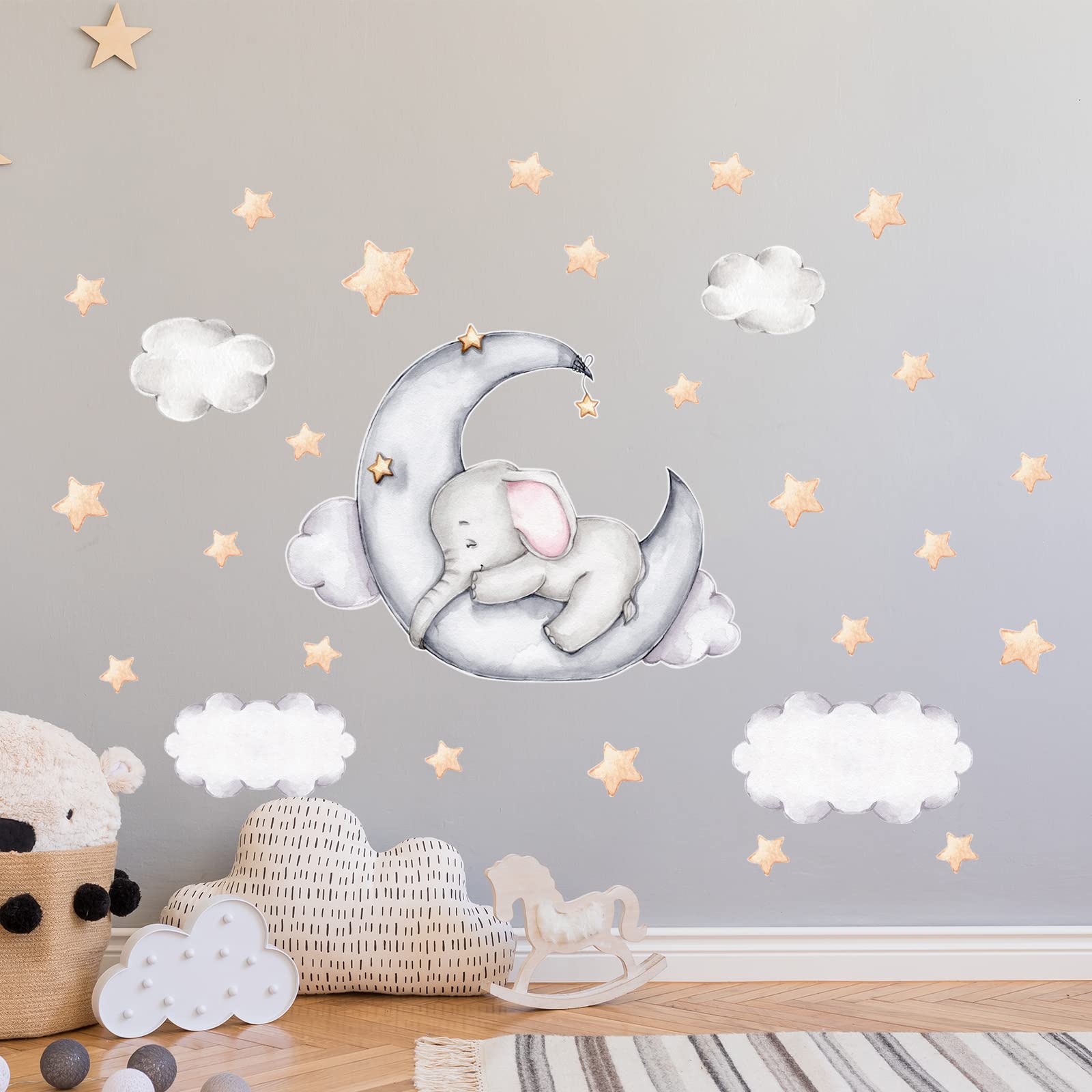 Dream Big Elephant Wall Decals Baby Room Wall Decals Moon Star Clouds Wall Decals for Nursery Kids Room Living Room Bedroom Decorations Home Decor