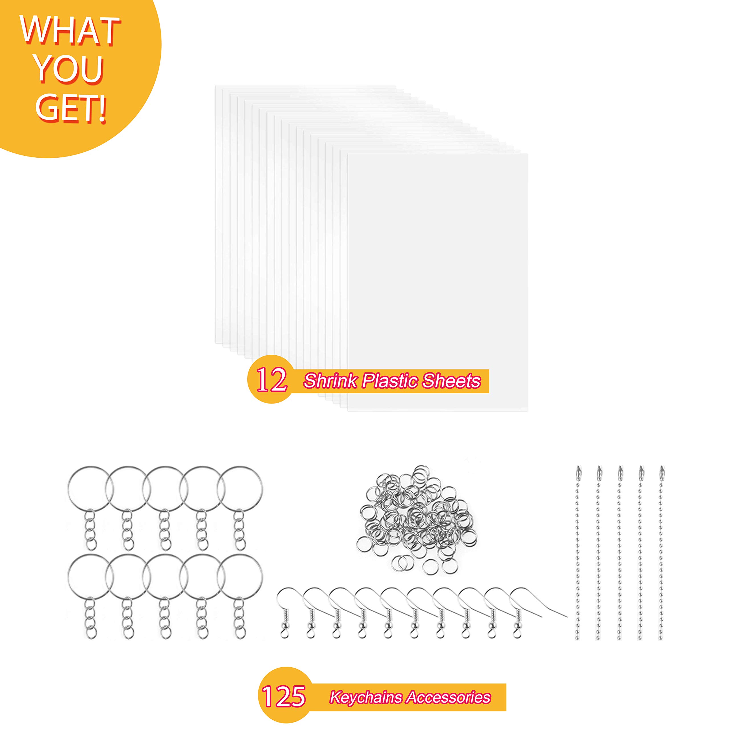 Rawskro 137 Pieces Shrink Plastic Sheet Kit Include 12 PCS Shrinky Art Paper with 125 PCS Keychains Accessories,Create Your Own Shinky Dinks, Earrings, Necklace, Keychains (A5 Size)