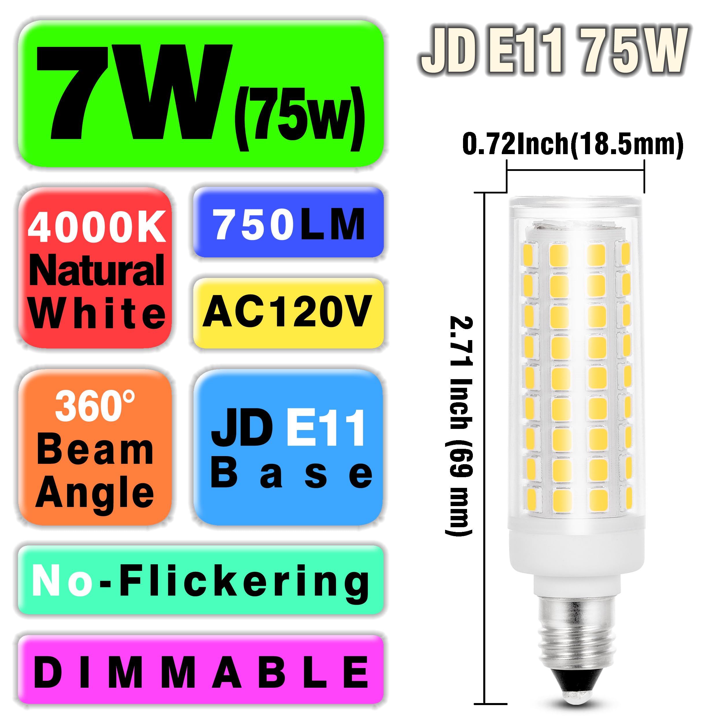 JDE11 Led Bulbs 120V 75W Halogen Candelabra Bulbs Equivalent Dimmable,T3 T4 Mini Base JD E11 Bulb, 4000K Natural White 7W 750 lm E11 Bulb for Chandeliers,Candelabra,Ceiling Fan,Cabinet Lighting,2Pack