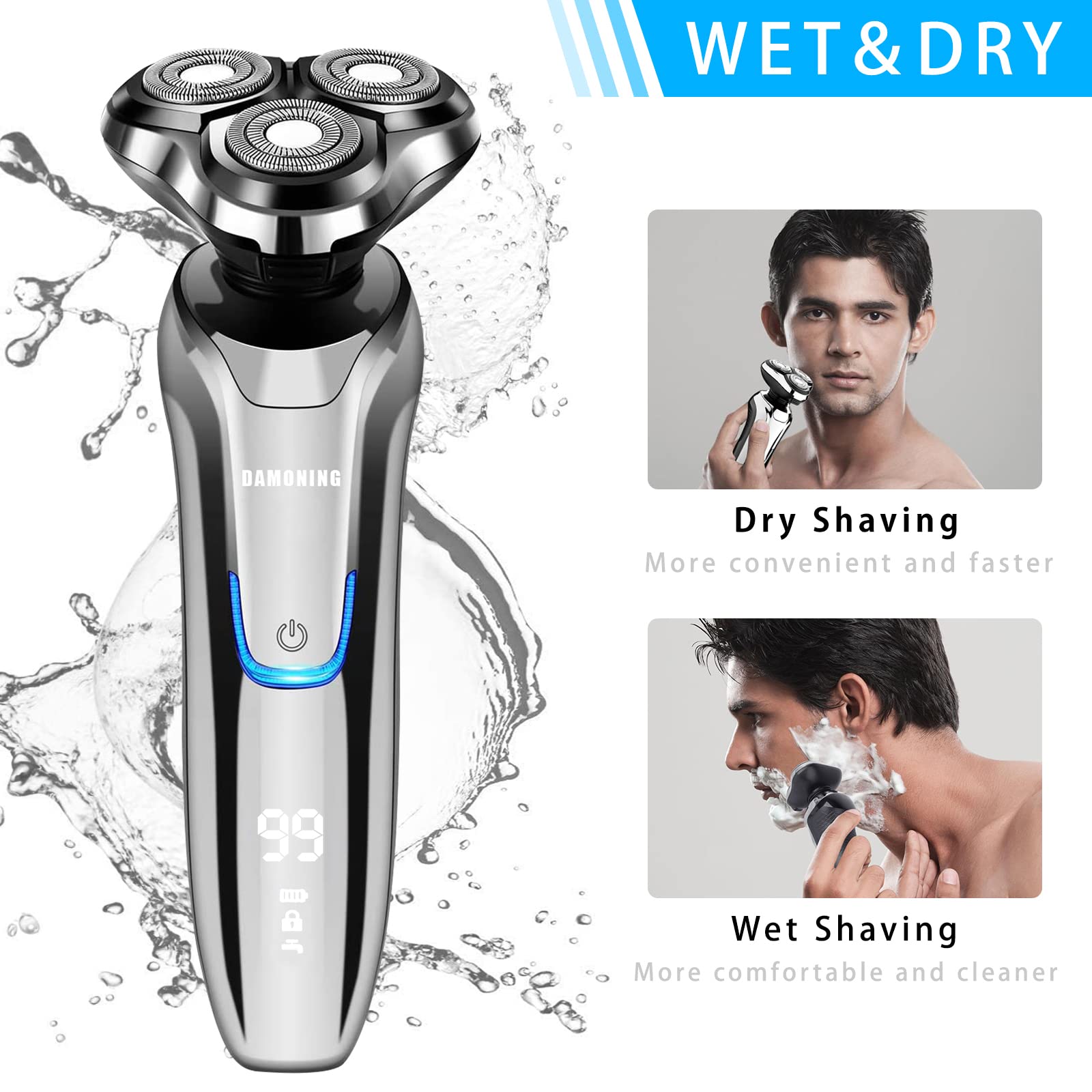 Electric Shaver for Men, Electric Razor Rotary Shavers Kit Wet & Dry LED Time Display IPX7 Waterproof Beard Trimmers with Travel Pouch