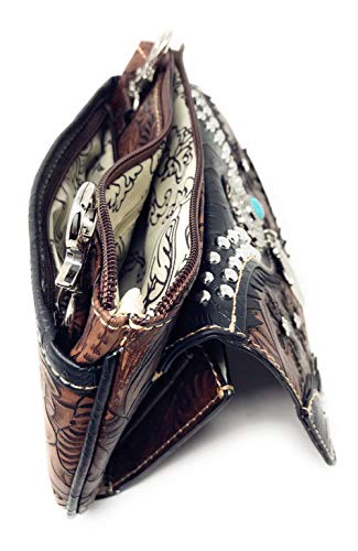 Western Feather Country Rhinestone Concho Laser Cut Wallet Cross Body Clutch Bag Purse (Brown) Small