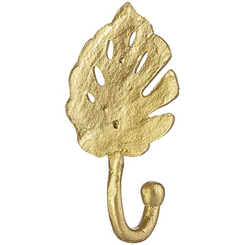 MyGift Vintage Gold Leaf Design Wall Hanging Hooks, Metal Monstera Leaves Wall Mounted Entryway Storage Coat Hooks, Set of 4 - Handcrafted in India