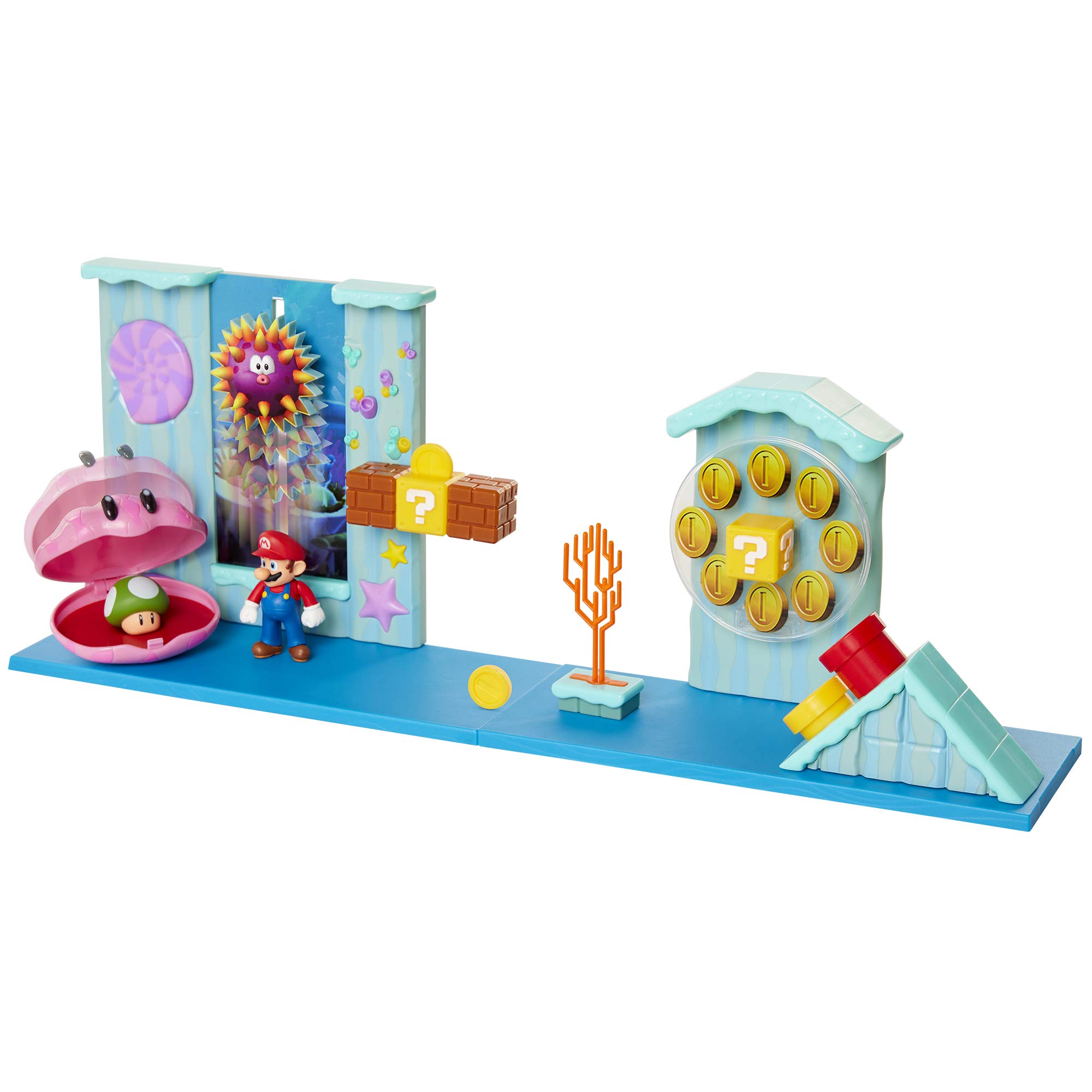 Nintendo Super Mario Deluxe Underwater Playset with 5 Interactive Environmentpiece β Includes 2.5β Mario Figure, 1-Up Mushroom Accessory & Warp Pipe Coin Launcher