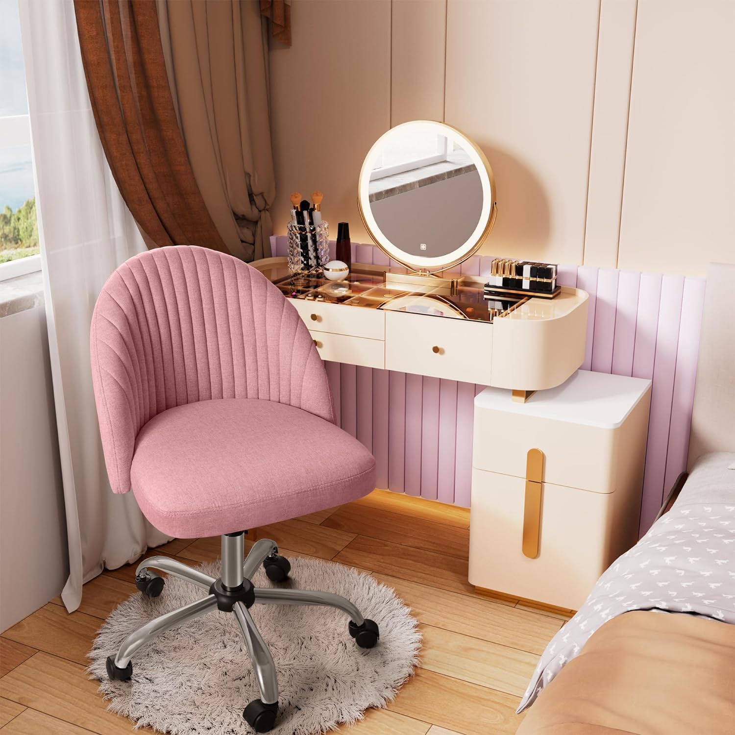 Furniwell Office Chair Armless Cute Desk Chair Modern Adjustable Swivel Padded Fabric Vanity Task Computer Chair Home Office Desk Chairs with Wheels (Pink)