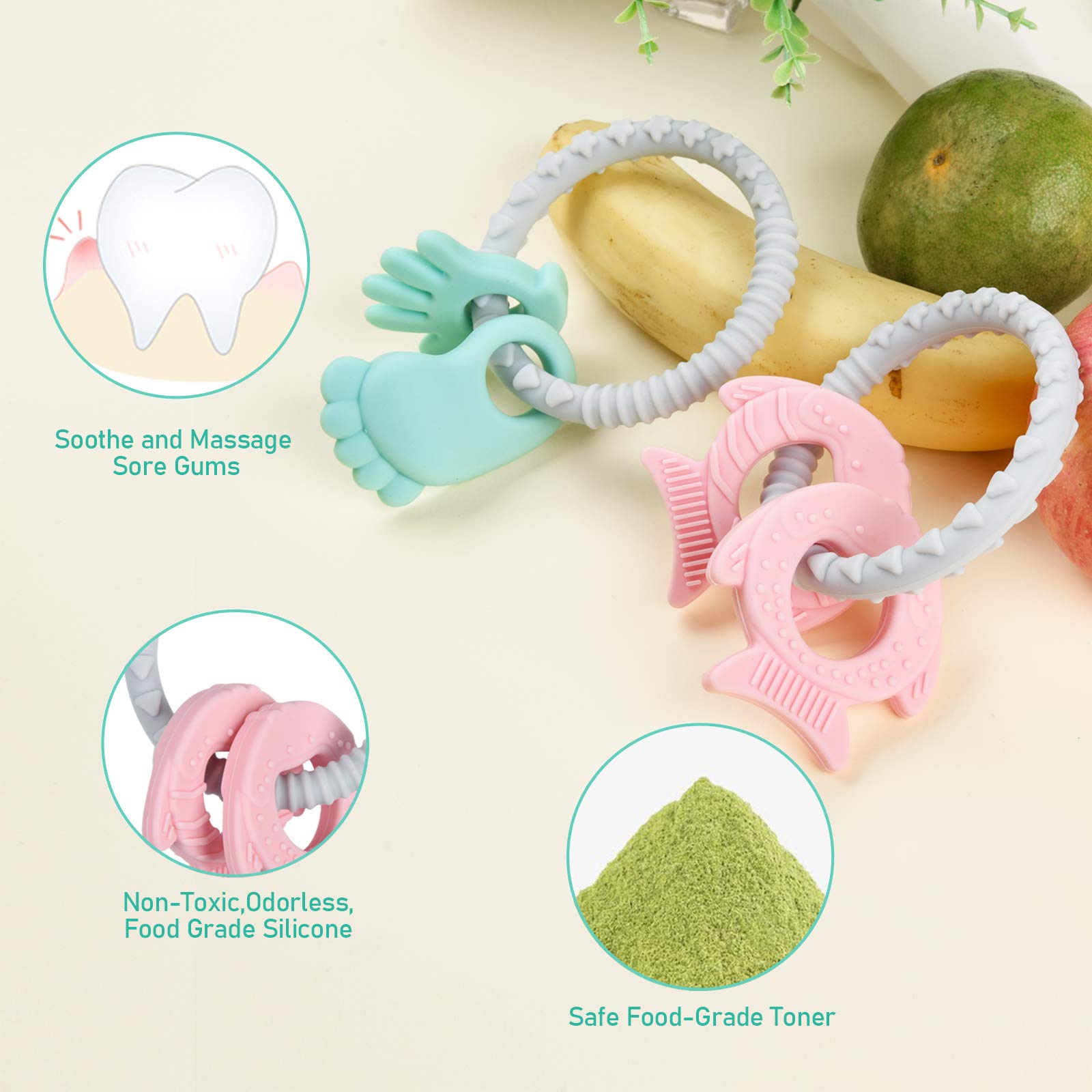 Coopzero Baby Teether Rattles (2 Pack),Teething Toys,Baby Teething Chew Toys,The Surface Raised Textures Perfect for Soothing Gums for Ages 3 Months and Up,Easily Hold,BPA Free