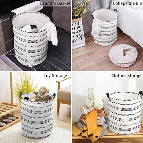 Laundry Basket,Bohemian Black Stripe Triangle Geometry White Back Waterproof Clothes Hampers with Handle,Ethnic Chic Geometric Large Collapsible Storage Bag for Bedroom Bathroom 16.5x17In