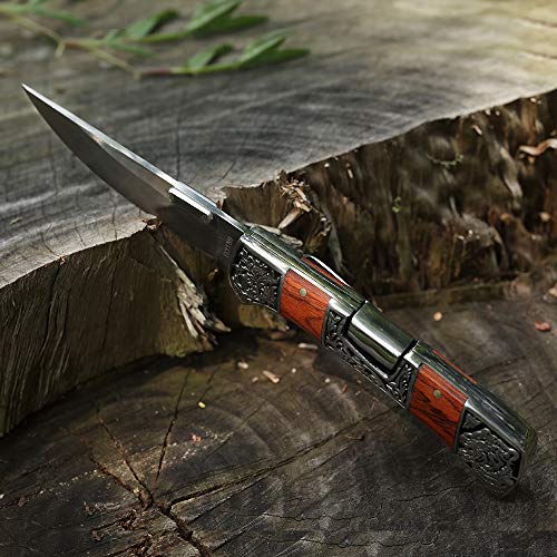 FU-GLBY Classical Folding Pocket Knife with clipCollection Engraved Bolsters Tactical Survival Knife Elegent EDC Knife for Men (red wood)