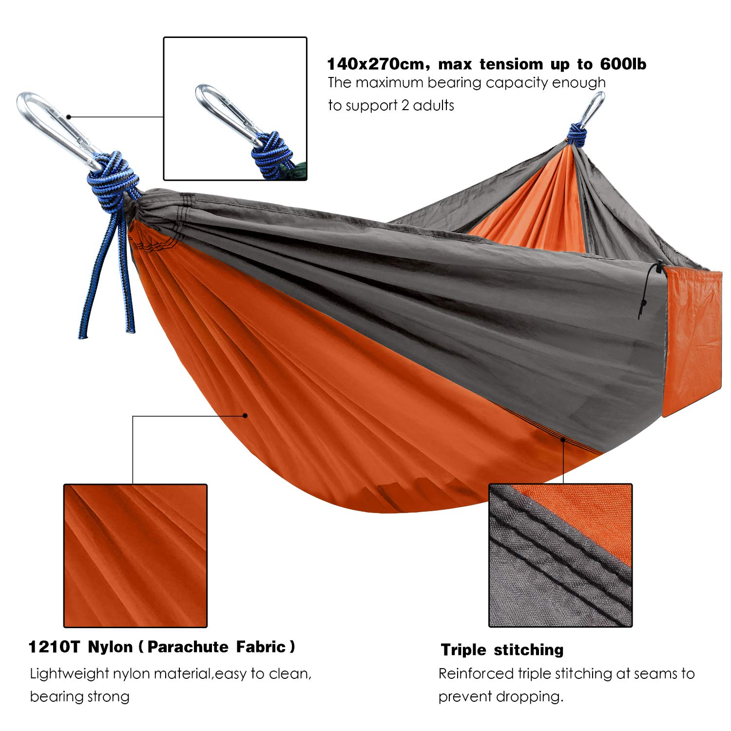 Camping Hammock, Double & Single Portable Hammocks with 2 Tree Straps and Carabiners | Easy Assembly | Lightweight Parachute Nylon Hammocks for Backpacking, Travel, Beach, Hiking (Gray/Orange)