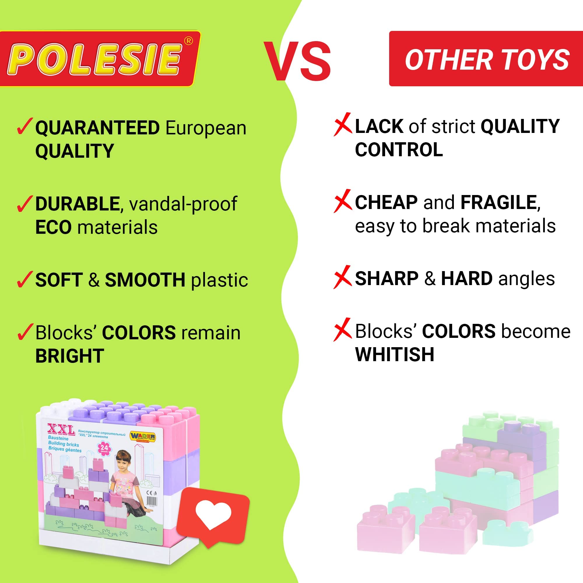 CO-T Jumbo Blocks for Toddlers Set of 134 Plastic Large Building Blocks for Kids Ages 4-8, Giant Stacking Bricks for Children by Polesie