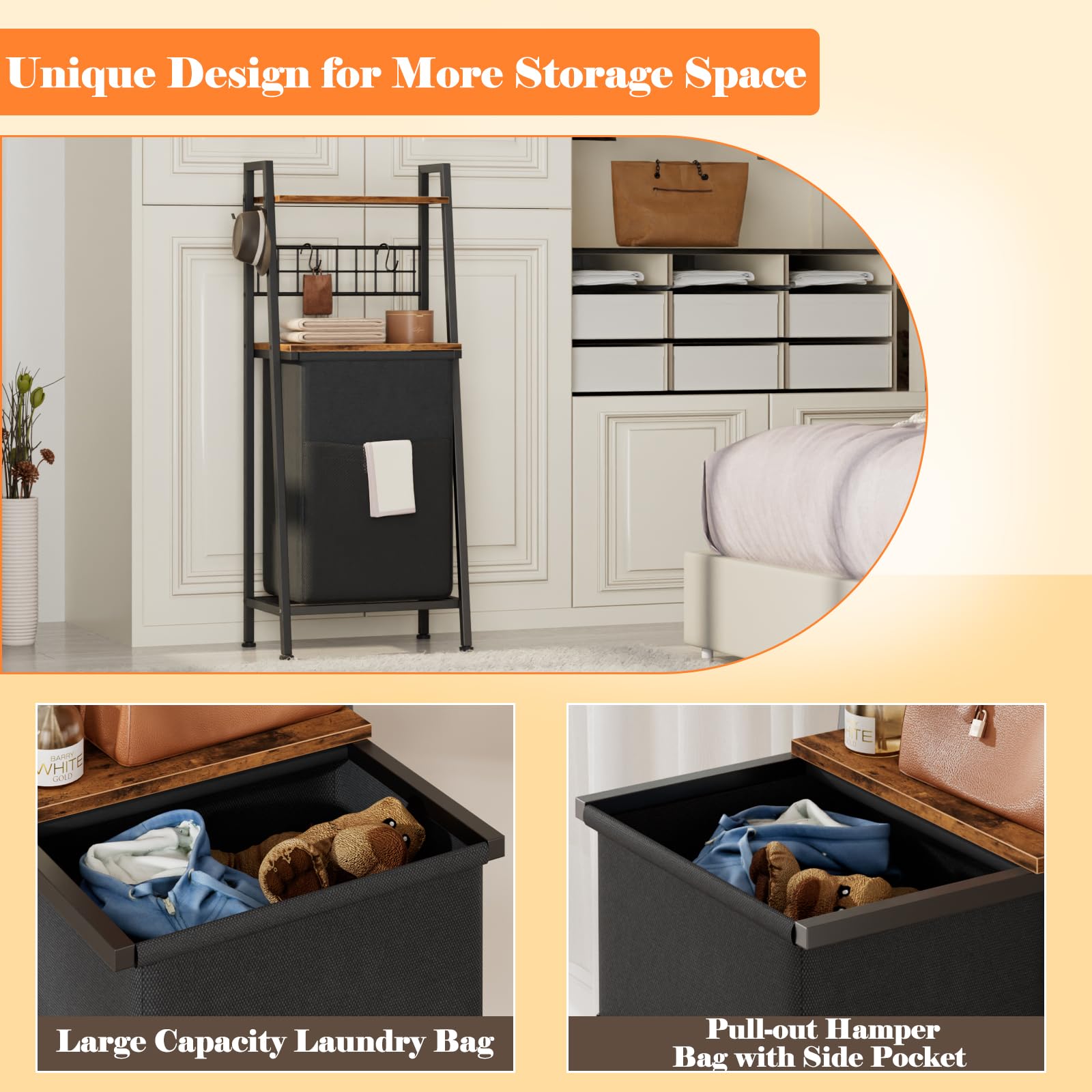 Furnulem 2 Tiers Laundry Hamper with Wooden Shelf and Hooks, Vertical Laundry Basket with Pull-Out and Removable Bag, Clothes Hamper with Divided Bag for Laundry Room, Bathroom, Bedroom, Dorm