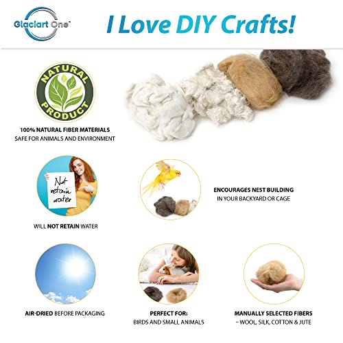 Glaciart One Premium Bird Nesting Material (2.1oz) Small Animal Bedding|Natural Wool, Silk, Cotton & Jute Nesting Materials for Birds, Perfect for Nest Building for Bird Cage or Hamster Bedding