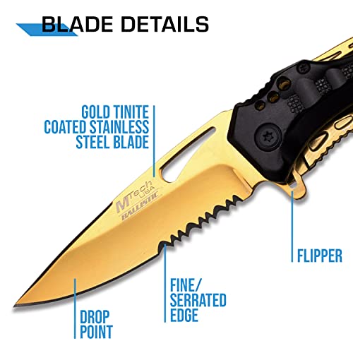 MTech USA β Spring Assisted Folding Knife β Partially Serrated Gold TiNite Coated Stainless Steel Blade, Black Aluminum Handle, Pocket Clip, Tactical, EDC, Self Defense- MT-A705BG