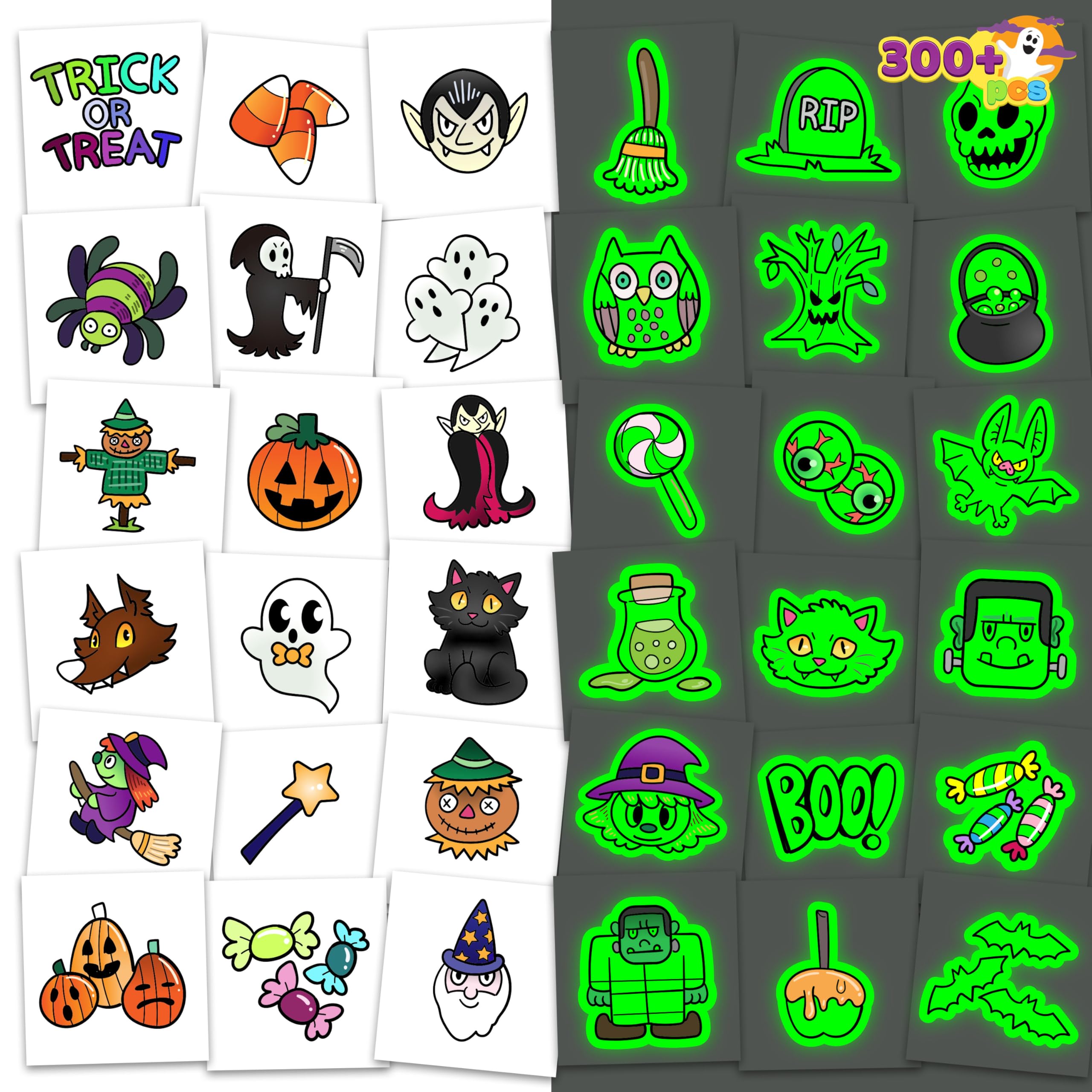 JOYIN 300+ Halloween Glowing Temporary Tattoos for Kids, 42 Assorted Designs Bulk for Child Trick or Treat Game Gifts Halloween Party Favor Decorations Supplies Goodie Bags, Class Game Prizes