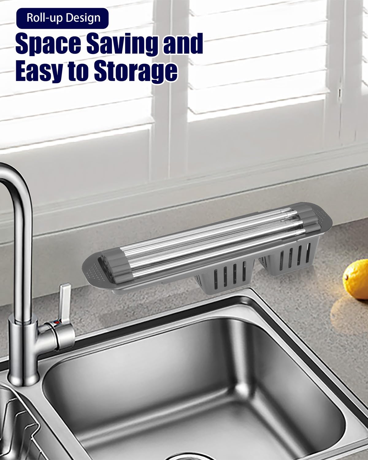 CLNGAI Roll Up Dish Drying Rack,Expandable Over The Sink Dish Drainer,Stainless Steel Kitchen Rolling Sink Rack with Utensil Holder,Length Up to 22.3" (Grey)