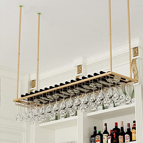 Hanging Wine Rack from Ceiling, Modern Metal Wine Bottle Holder Wall Mounted Champagne Glass Goblets Stemware Rack Storage Shelf Gold Display Racks (Size : 60x27x8cm)