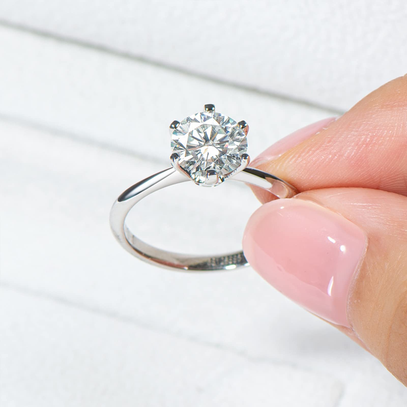 CARAT GALAXY Moissanite Engagement Weeding Ring Platinum Plated 925 Sterling Silver Round Imitation Diamond Promise Ring For Women, Plastic, 1ct
