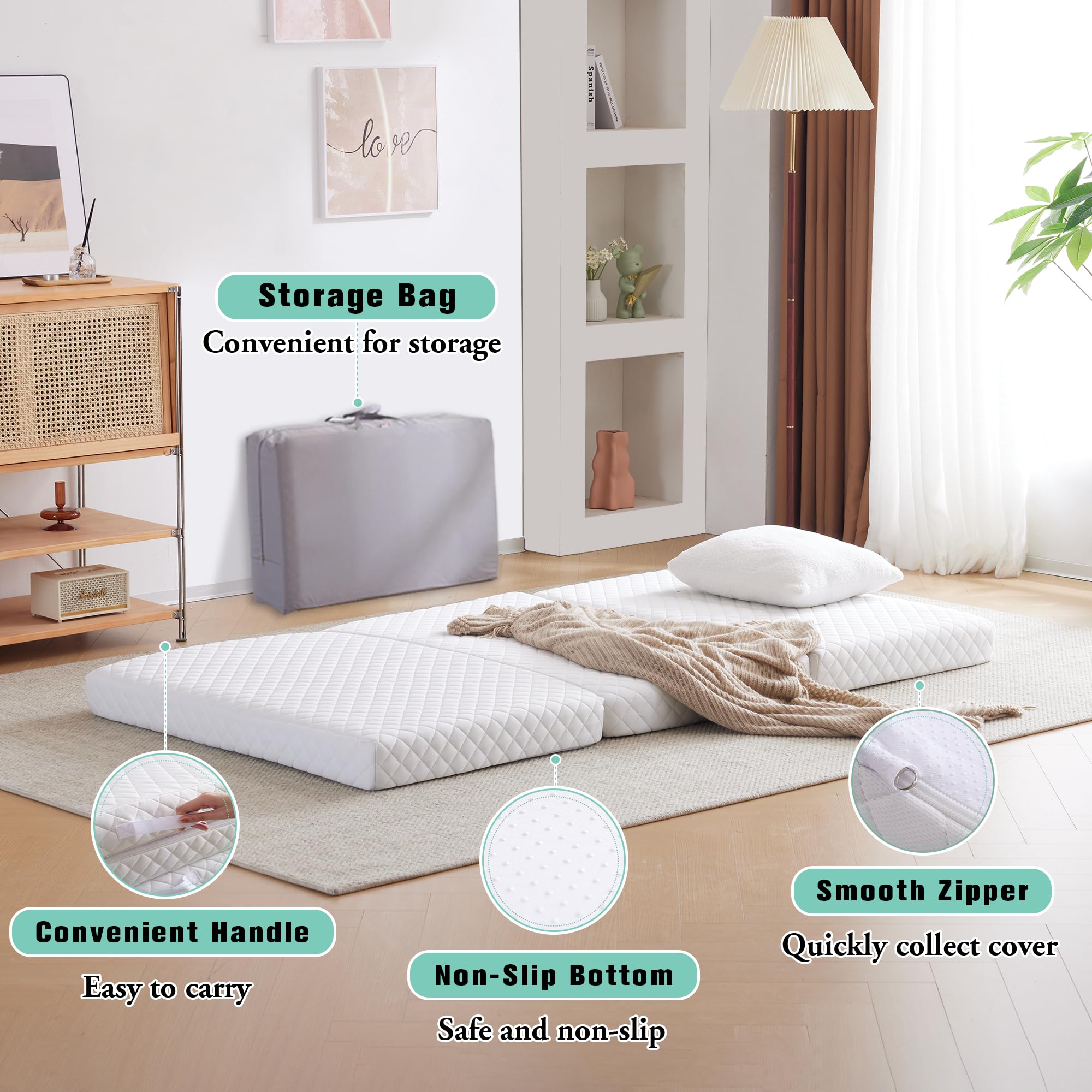 jela Foldable Mattress Trifold Mattress Full Size, Waterproof Folding Mattress Memory Foam 53"x75"x4", 4 inch Waterproof Floor Bed with Storage Bag, tri Folding Mattress for Guest Bed, RV, Camping