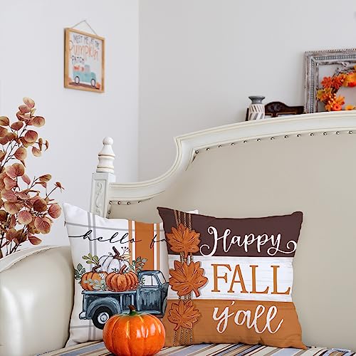 GEEORY Fall Pillow Covers 18 x 18 Inch Set of 4, Happy Fall Y'all Stripes Pumpkins Mason Jar Thankful Decor, Cushion Cases for Farmhouse Home Party Sofa Couch (Brown) G355-18