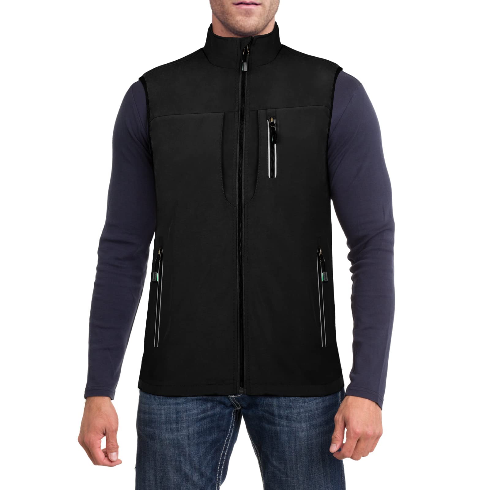 Clumor Men's Running Golf Vest Windproof Reflective Sports Outerwear Lightweight Softshell Short Sleeve Jacket for Cycling Hiking(3XL/Black