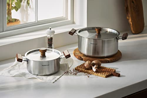 Dr.HOWS Warmwood Nonstick Pot 7 inch with Lid - Small Kitchen Stainless Steel Pot with Wooden Handles - Lightweight Pot For Induction, Ceramic, Electric, Halogen and Gas Cooktops