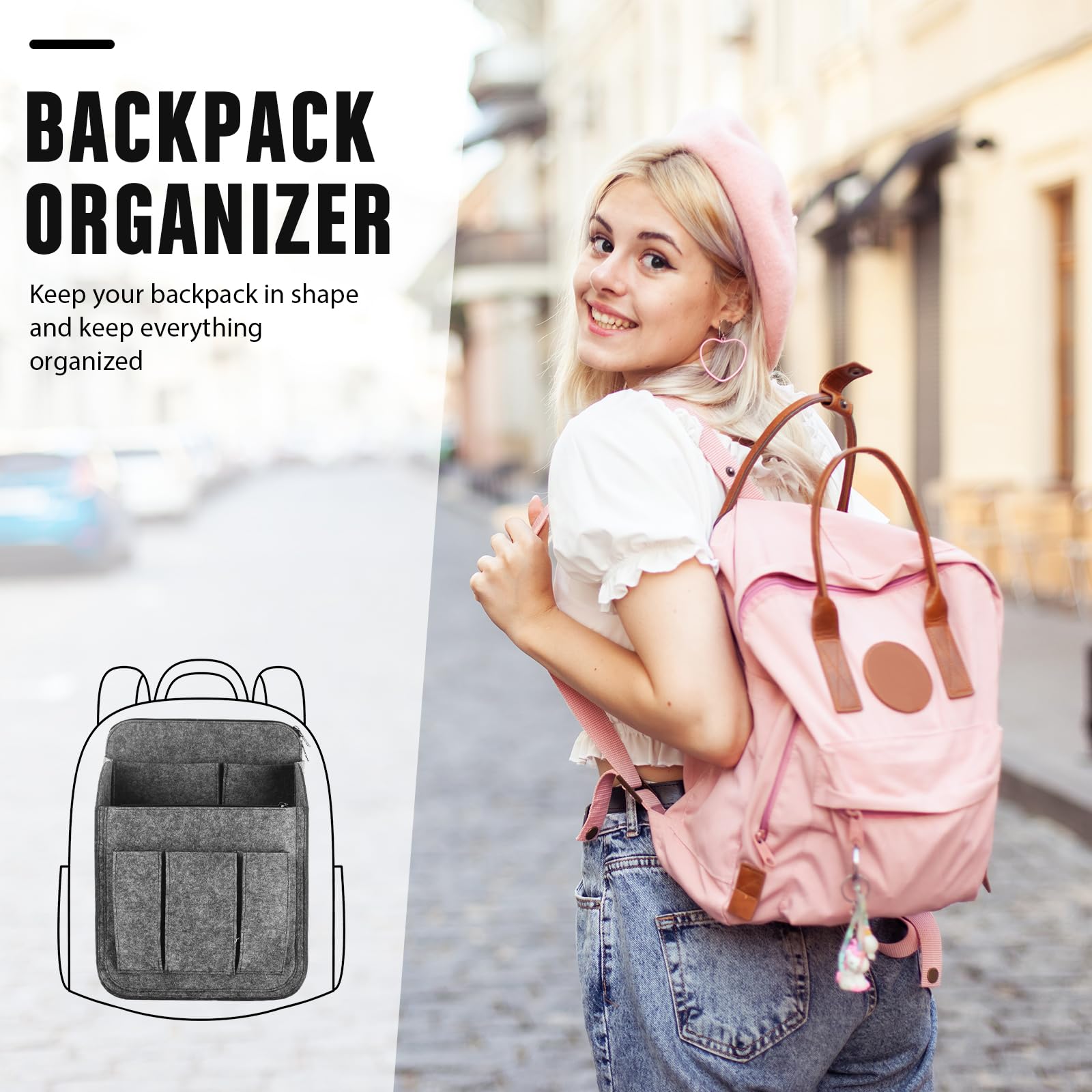 Clysee 2 Pcs Large Felt Backpack Organizer Insert Travel Rucksack Liner with Many Pockets Lightweight with Zipper(Black)