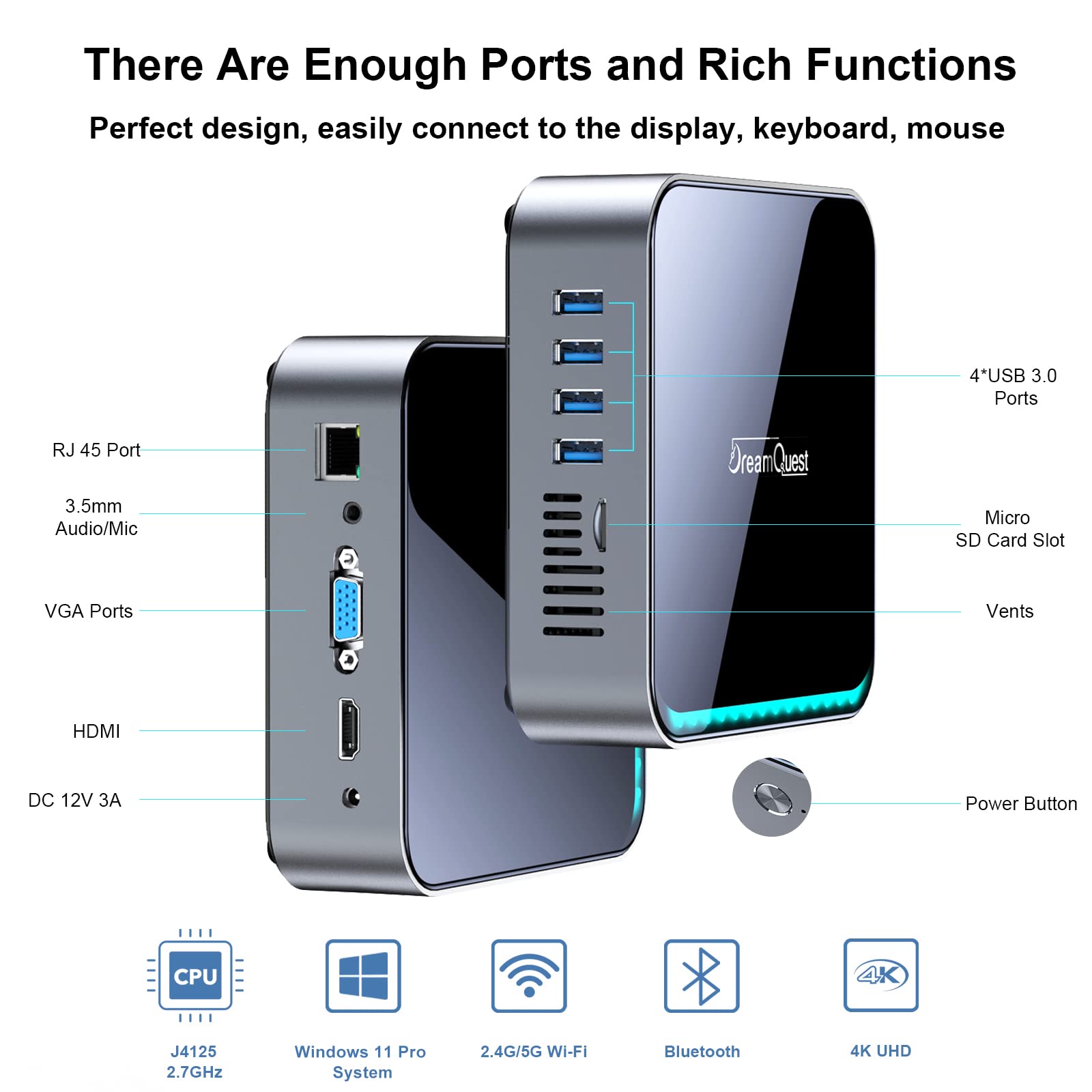 DreamQuest Mini PC Windows 11 Pro with Intel J4125 (Up to 2.7GHz) 8GB RAM/ 256GB SSD Mini Desktop Computer Support HDMI 4K@60Hz, Wi-Fi, Ethernet, Bluetooth 4.2, USB 3.0X4 Work On Business Home Office
