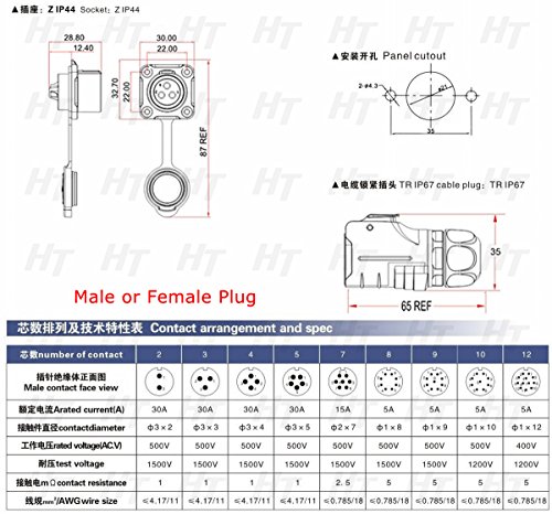 HangTon LP20 4 Pin Connector Industrial Waterproof Power Male Plug Female Panel Socket, 500 Volt 30 Amp, Gold Plated, Battery Charger Port