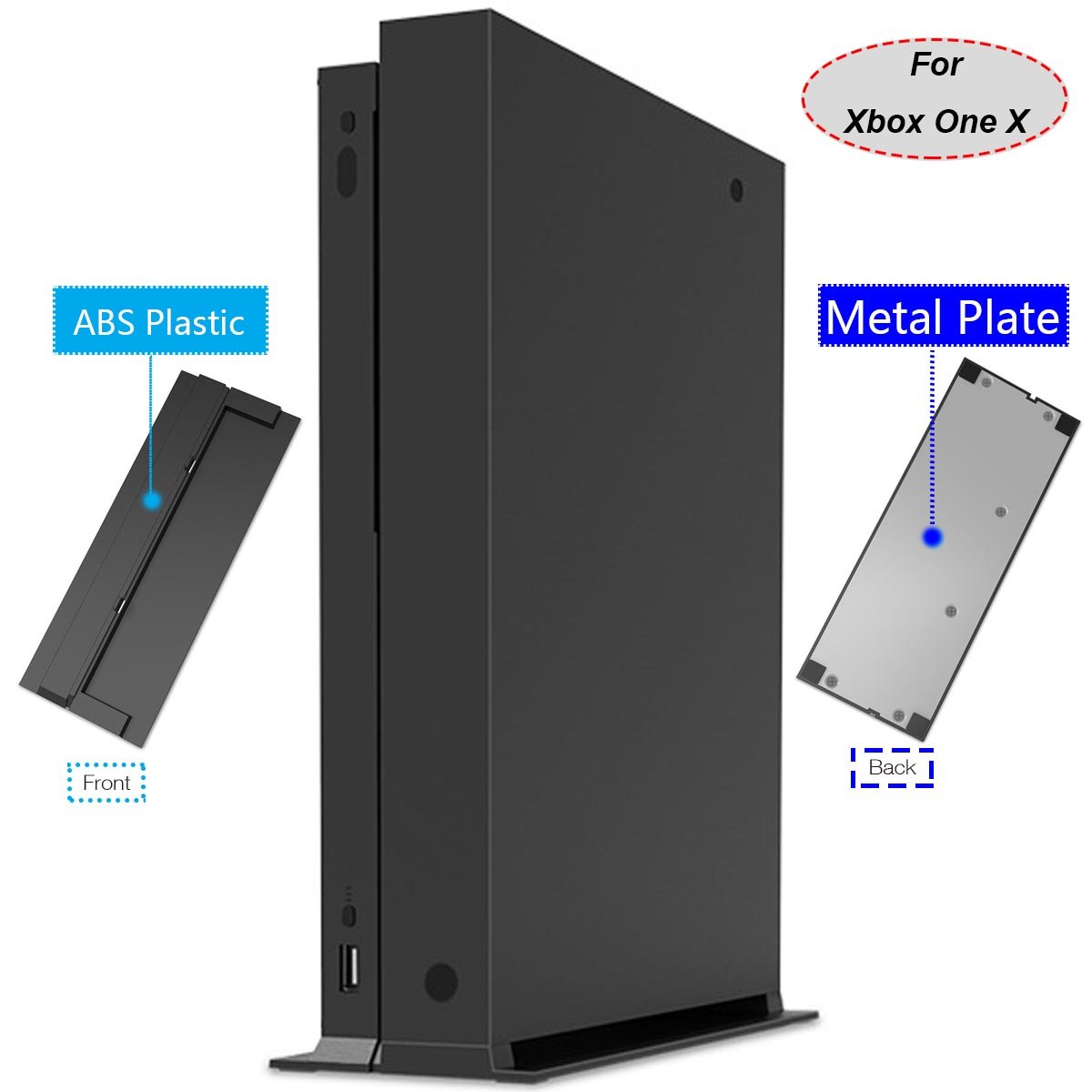 Whiteoak Vertical Stand for Xbox One X with ABS Platic Front + Metal Bottom Plate & 4X Non-Slip Rubber Pad(Metal Bottom Plate)