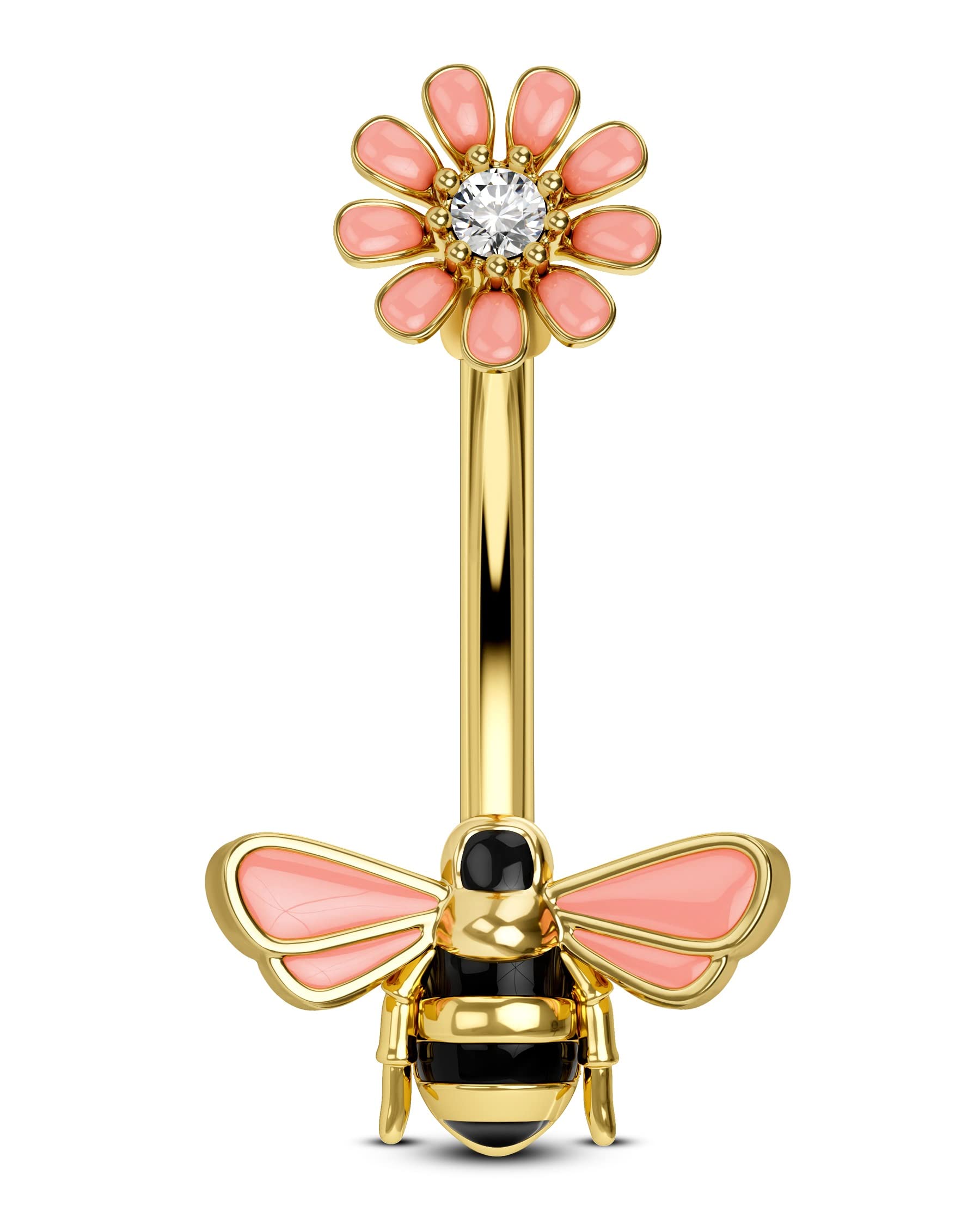 CM Crareesi Mania Gold Belly Button Rings 316L Stainless Steel Bee Belly Rings for Women 14G Flower Belly Button Piercing Jewelry 10mm Cute Navel Piercing Jewelry