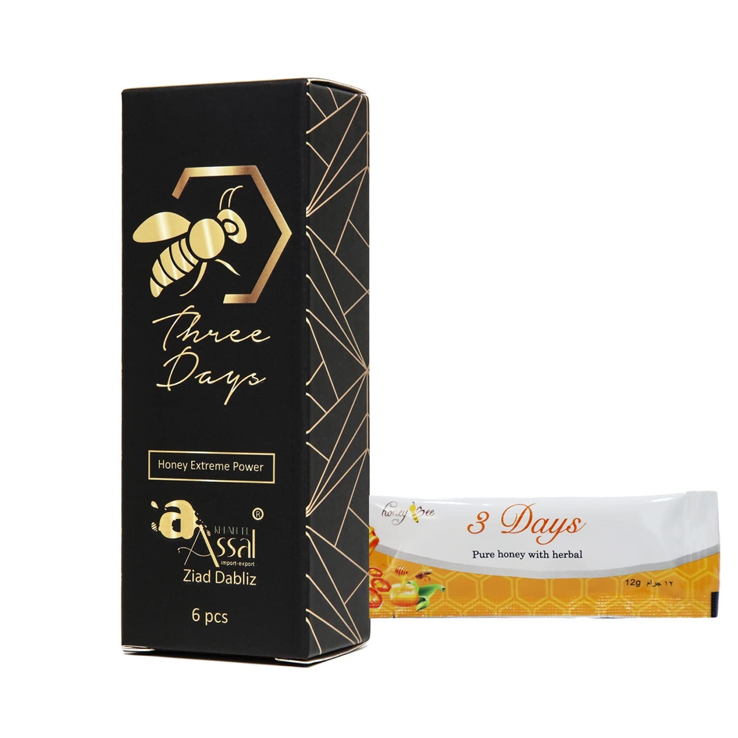 DABLIZ GROUP INTERNATION TRADING LLC Khan El Assal Three Days Organic Honey For Men Made With Natural Jelly Bee Pollen and 100% Pure Mixed Herbals- Pack of 6 Sachets, 0.09 kilograms