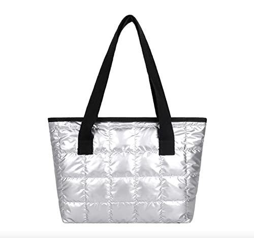 Women Light Weight Puffer Quilted Tote Winter Handbag Shoulder Bag (Silver)