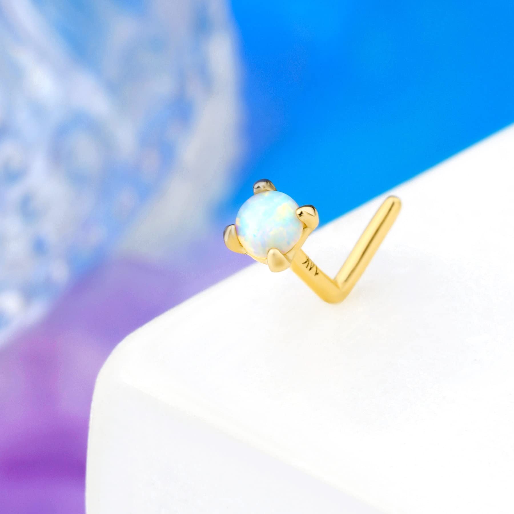 CM Crareesi Mania 14K Gold Nose Ring Solid Yellow Gold Opal Nose Piercing Jewelry 20G L-Shaped Nose Ring Studs Clear CZ Nose Rings Studs