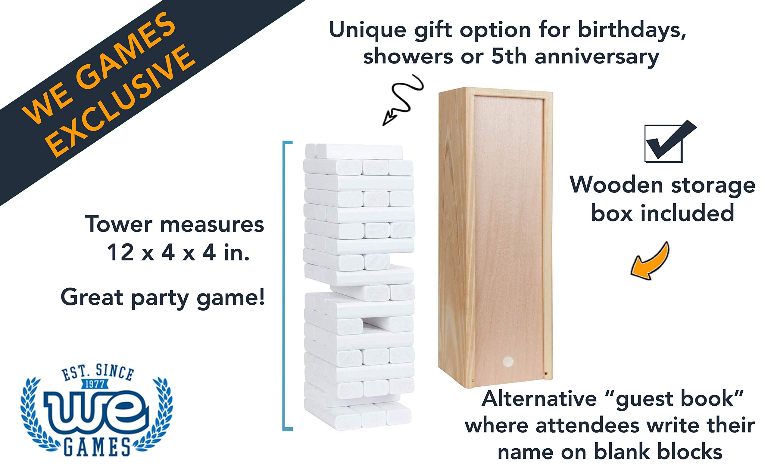 WE Games Wooden Block Stacking Party Game for Adults, Tumble Tower Wedding Guest Book Alternative, Tabletop Games, Includes Storage Case, 12 inches
